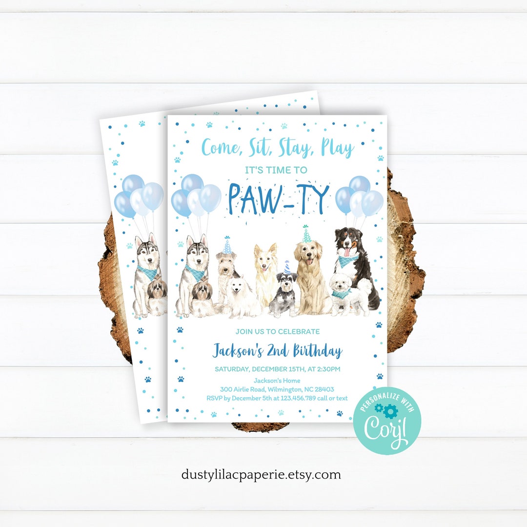 Lets Pawty Birthday Invitation, Editable Boy Puppy Dog Birthday Party ...