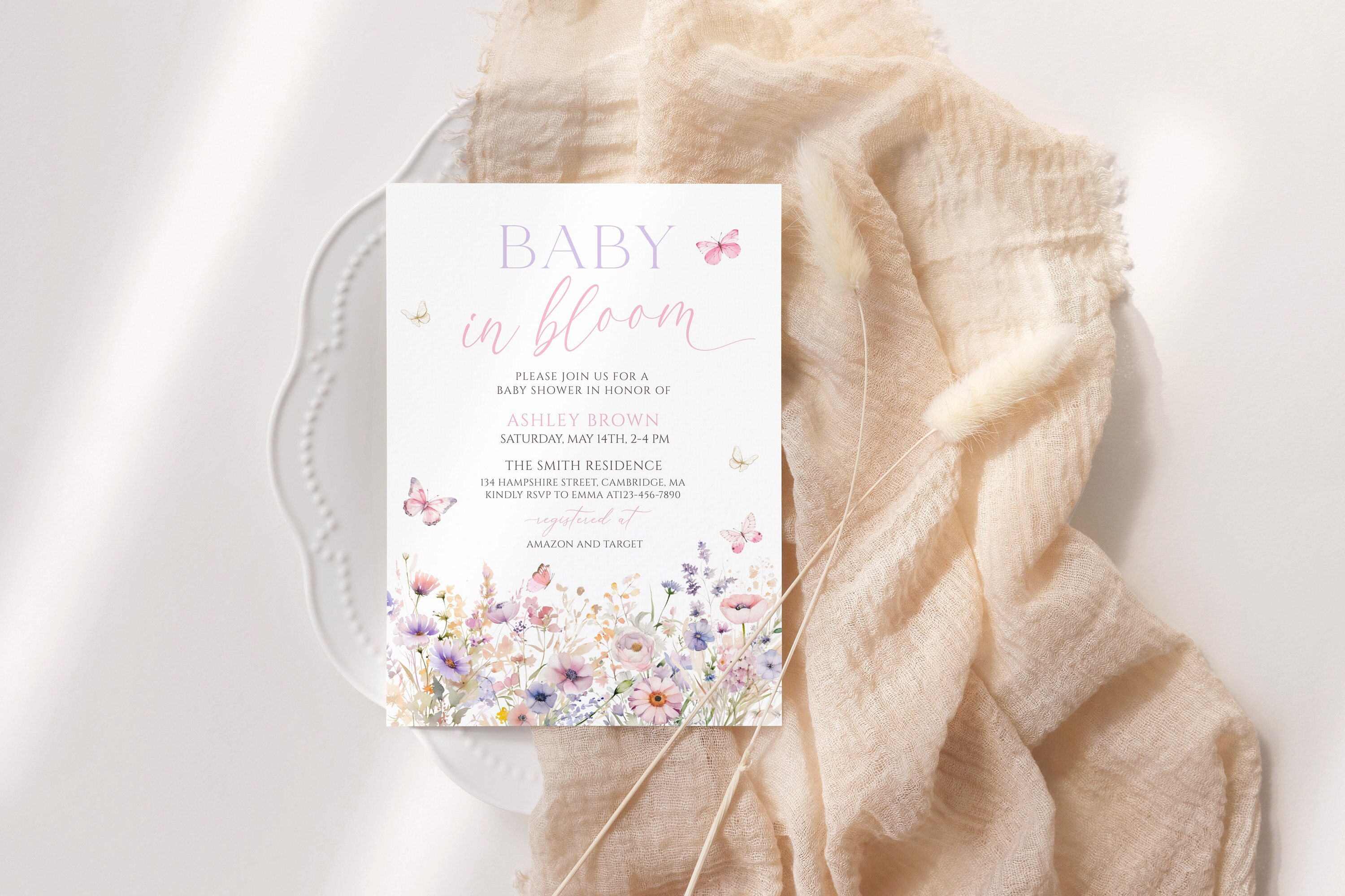 Baby in Bloom Invitation Editable Pink Purple Wildflowers Baby Shower ...