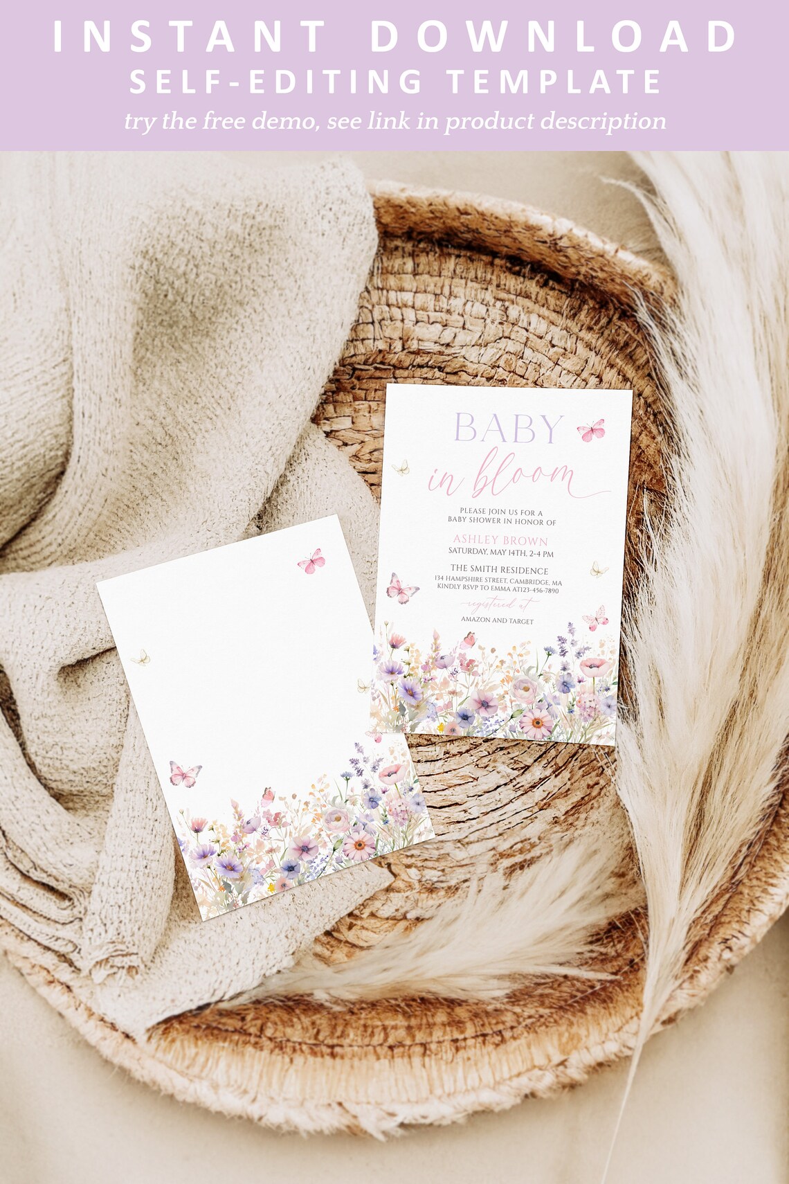 Baby in Bloom Invitation Editable Pink Purple Wildflowers Baby Shower ...