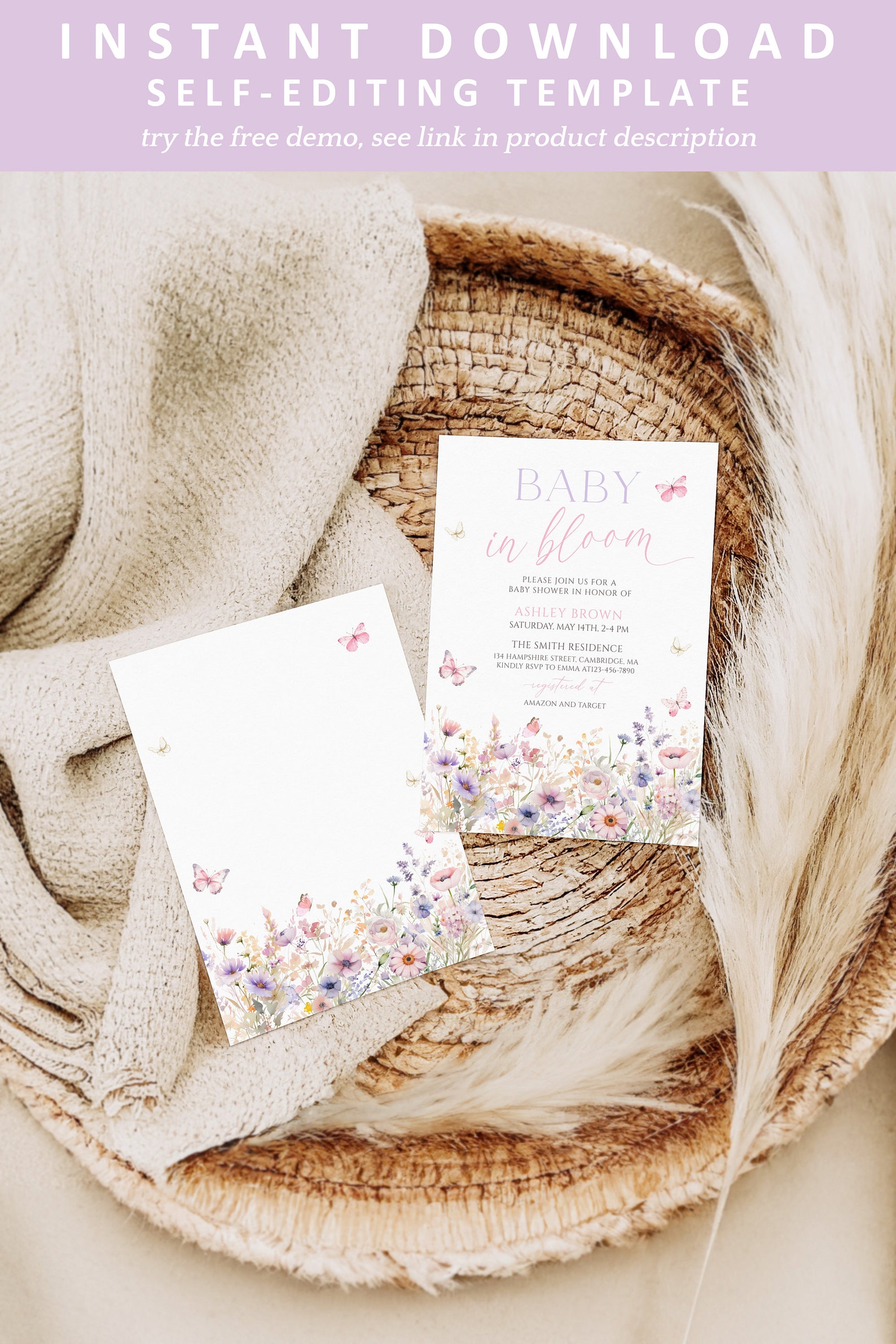 Baby in Bloom Invitation Editable Pink Purple Wildflowers Baby Shower ...
