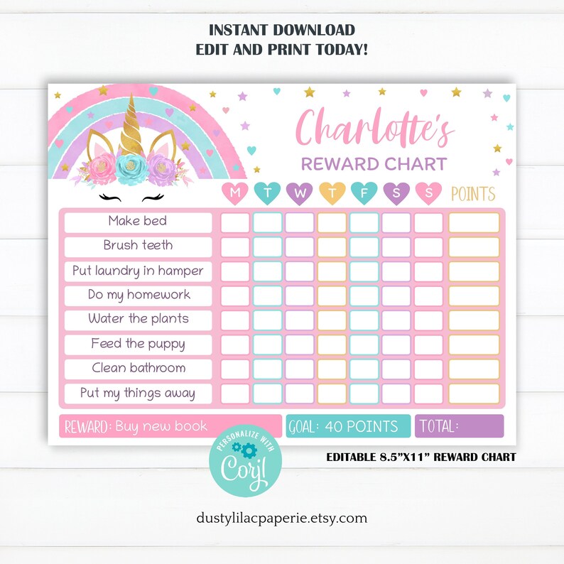 Editable Unicorn Reward Chart Printable Rainbow Unicorn Girl - Etsy