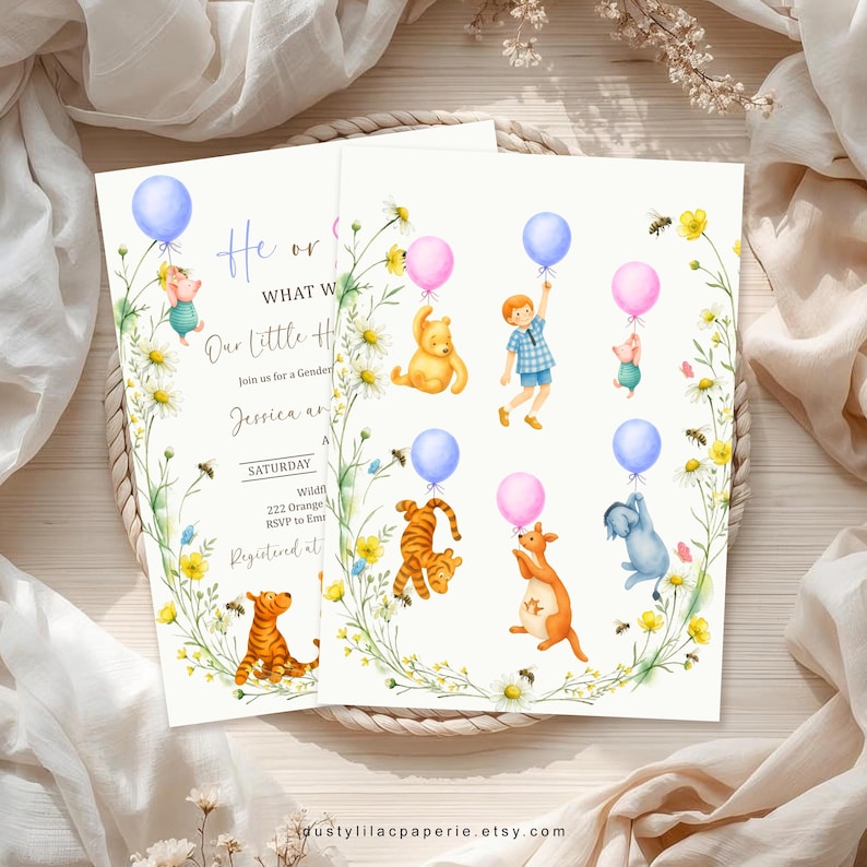 Winnie the Pooh Gender Reveal Invitation, Wildflower Hunny Bee Baby ...