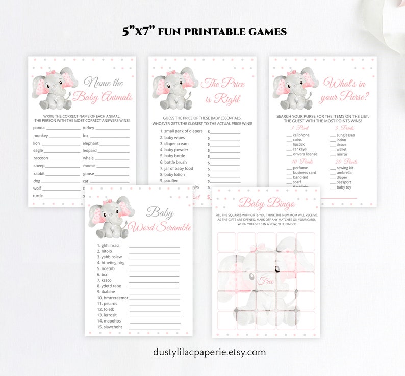 Pink Elephant Baby Shower Game Bundle Set Baby Girl Little - Etsy