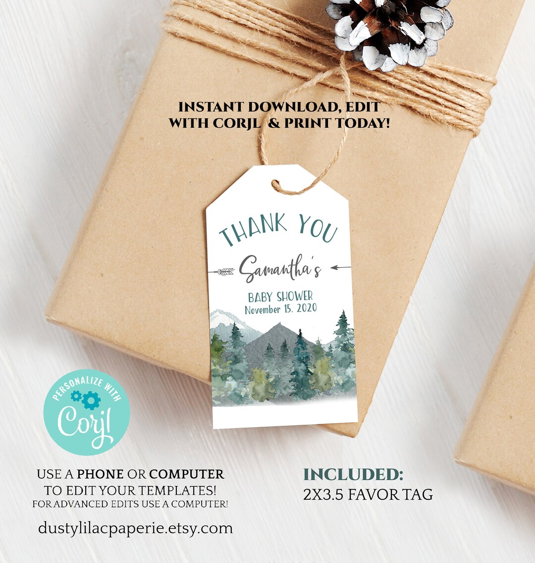 Adventure Forest Baby Shower Favor Tag Template, Editable Gender ...