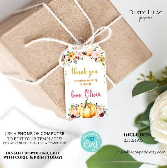 Pumpkin favor tag template editable fall floral thank you | Etsy