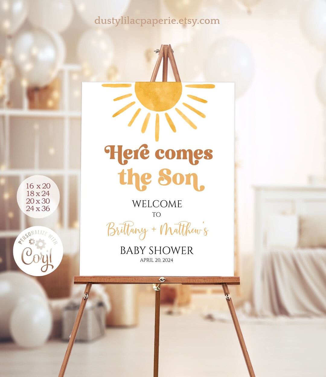 Here Comes the Son Welcome Sign, Editable Sun Baby Shower Welcome ...