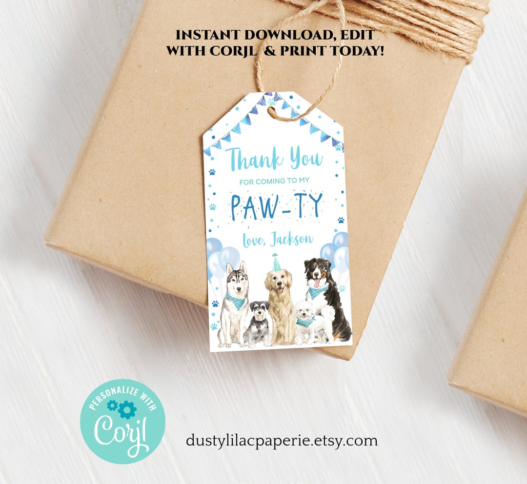 Puppy Birthday Gift Tag, Editable Boy Lets Pawty Thank You Party Favor ...