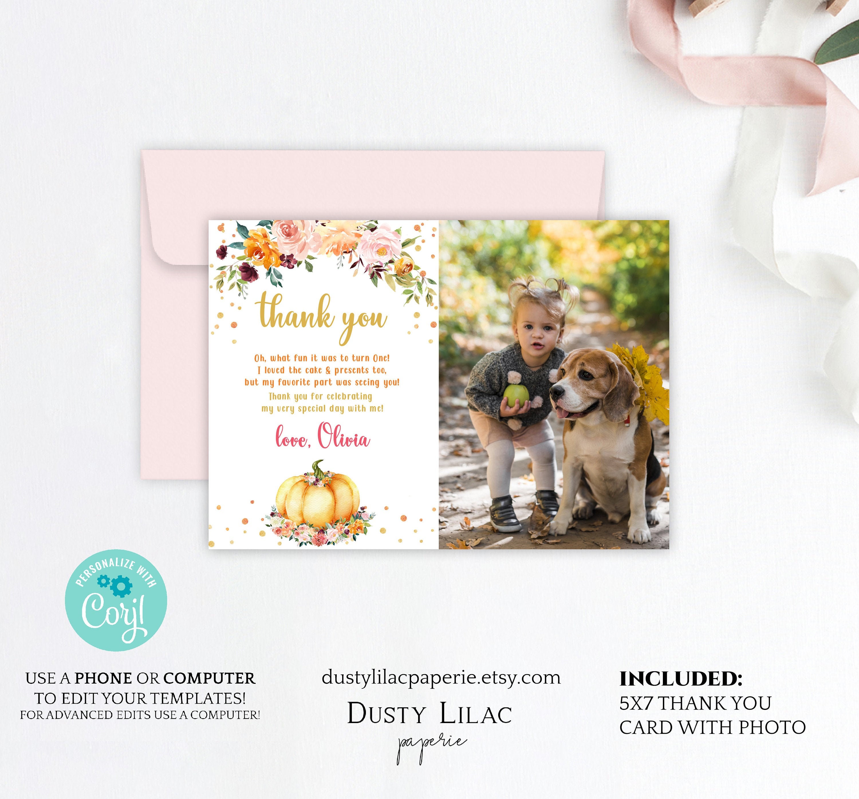Editable Pumpkin Thank You Card With Photo Fall Pumpkin 1st | Etsy