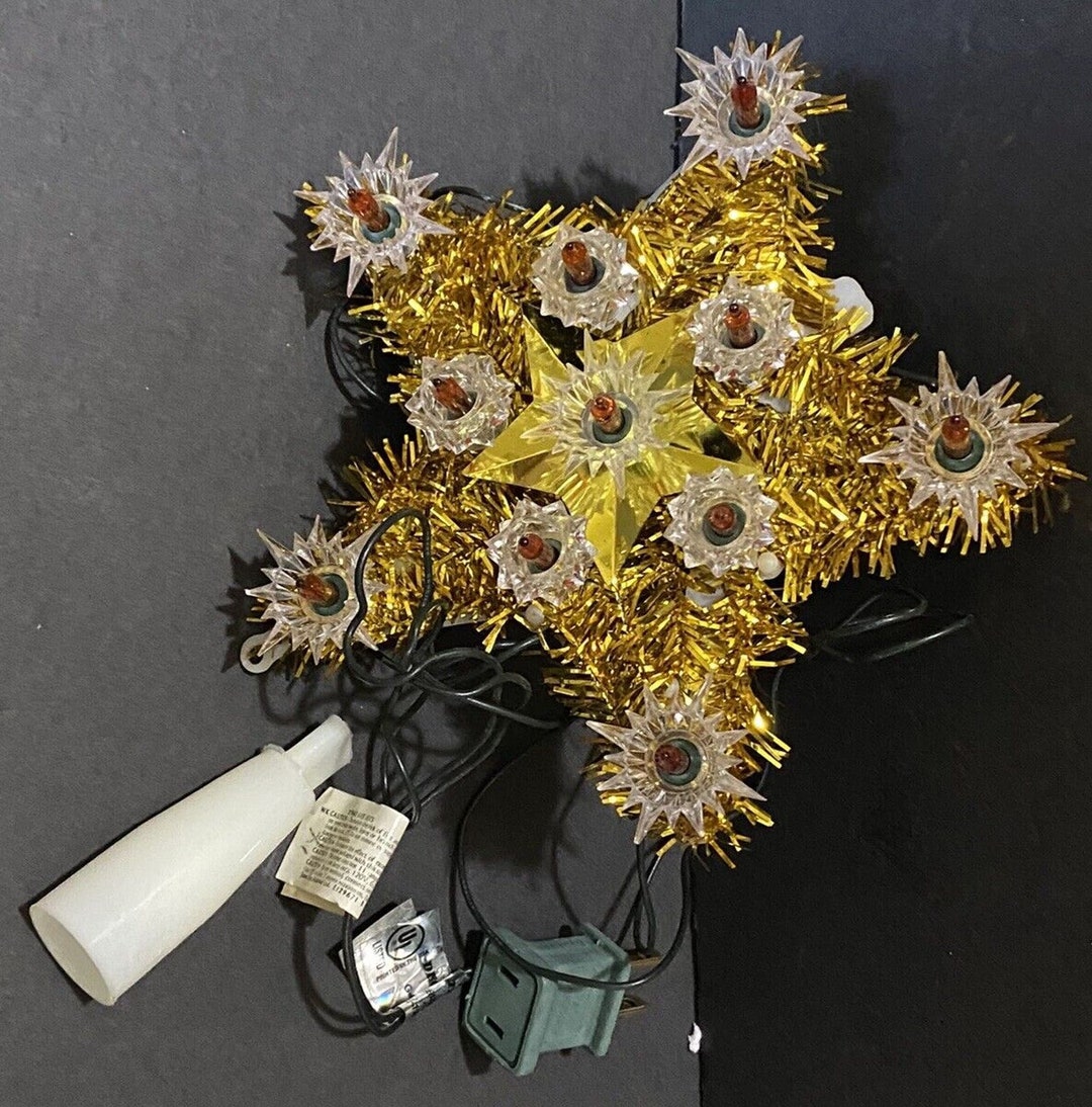 Vintage 11 Lite Mini Star Tree Top Gold Tinsel W/ Gold Lights Christmas ...