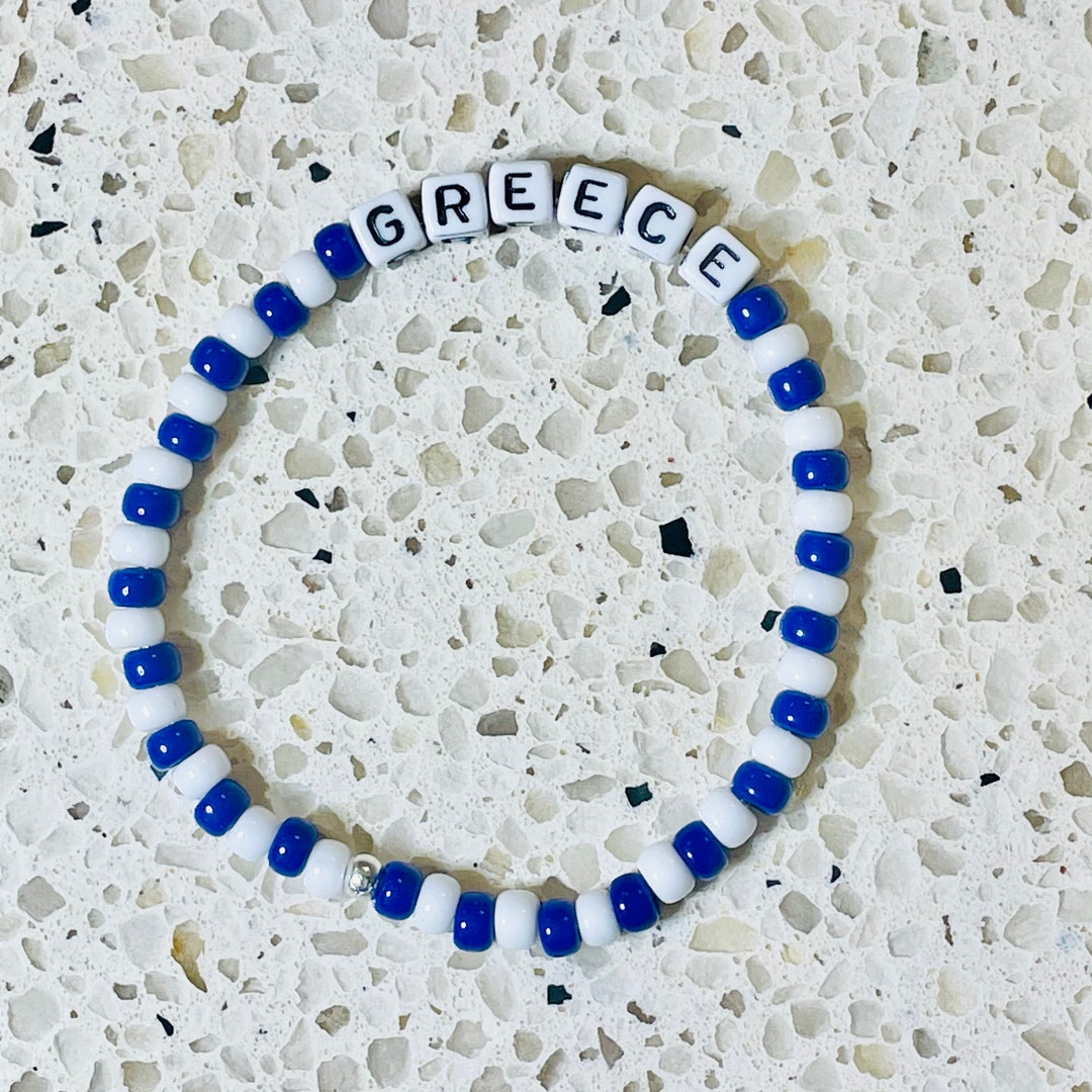GREECE bracelet, Blue and White seed bead bracelet, Greek stretch ...