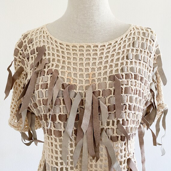 Vintage 1970s 1980s Crocheted Net Mesh Top Leather Wo… - Gem