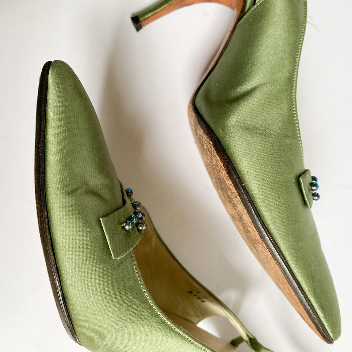Vintage 1960s Freedom Shoes Green Silk Satin Beaded Slingback Stiletto ...