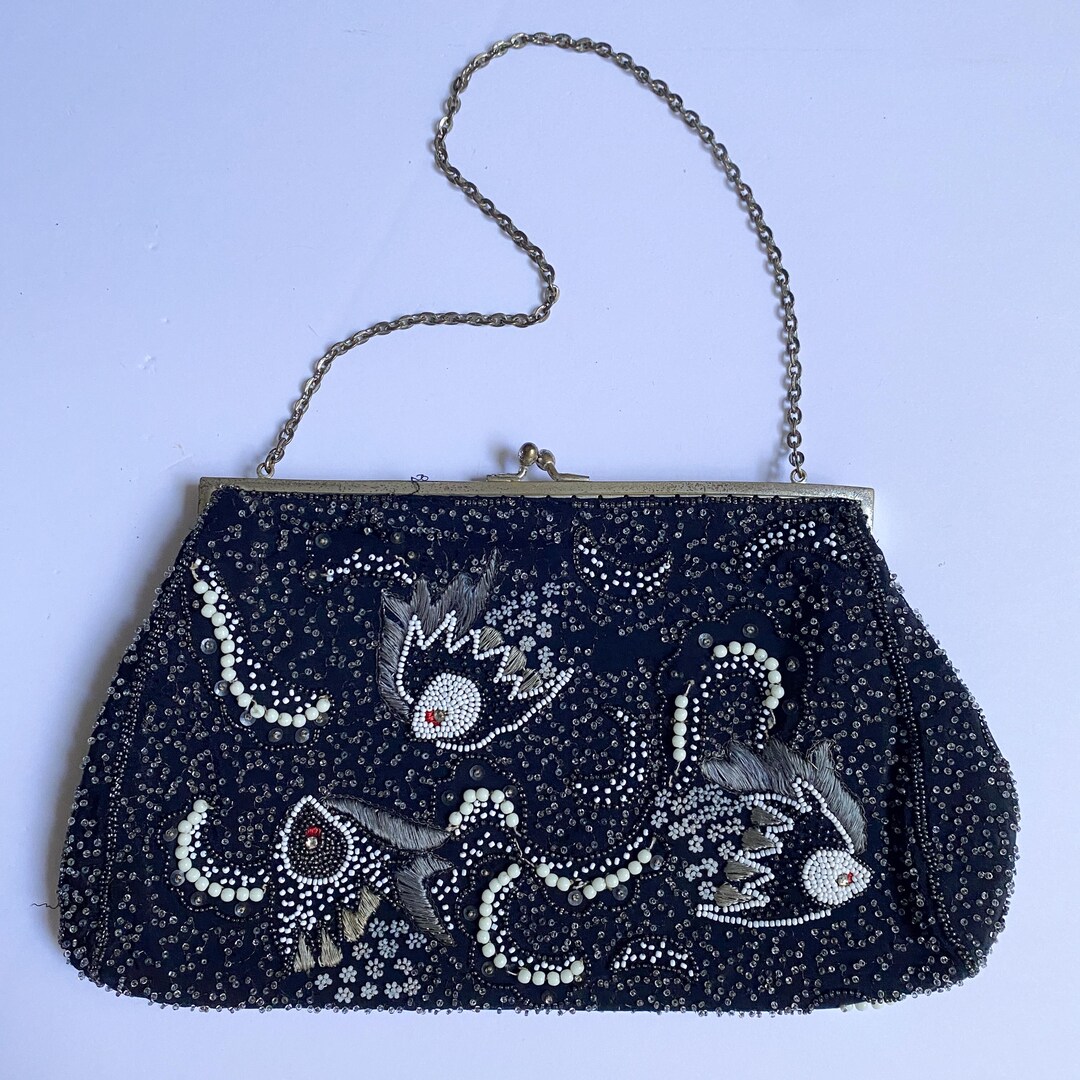Vintage Black Silver Hand Beaded Fish Embroidered Evening Purse Handbag ...
