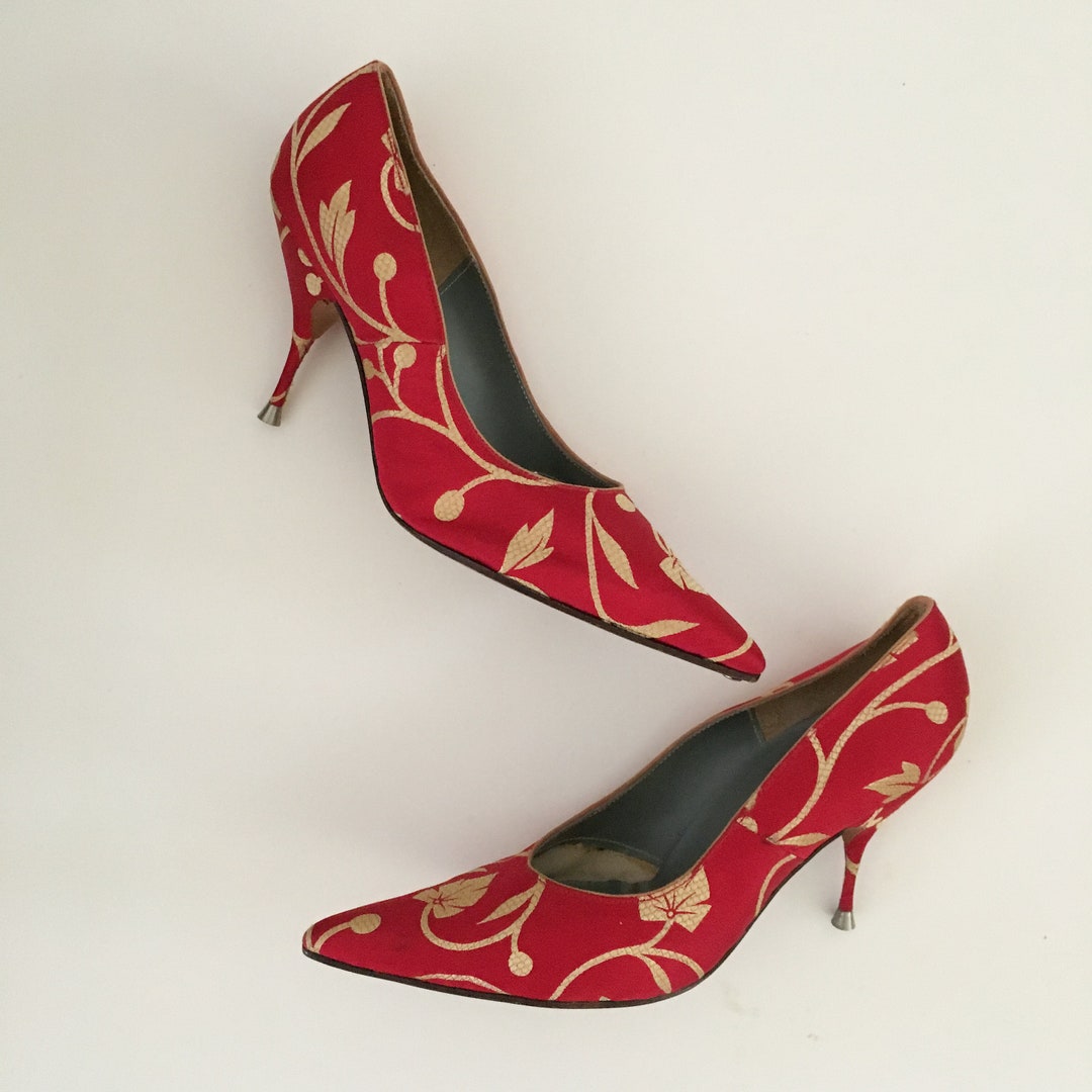 Vintage 1960s Red Gold Satin Brocade Stiletto Spike Heels - Etsy