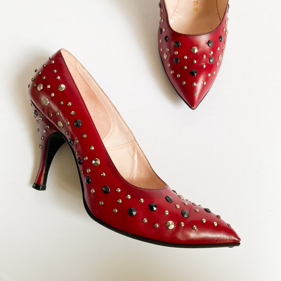 Vintage Herbert Levine Harzfeld's Red Leather Studded Stiletto Heels ...