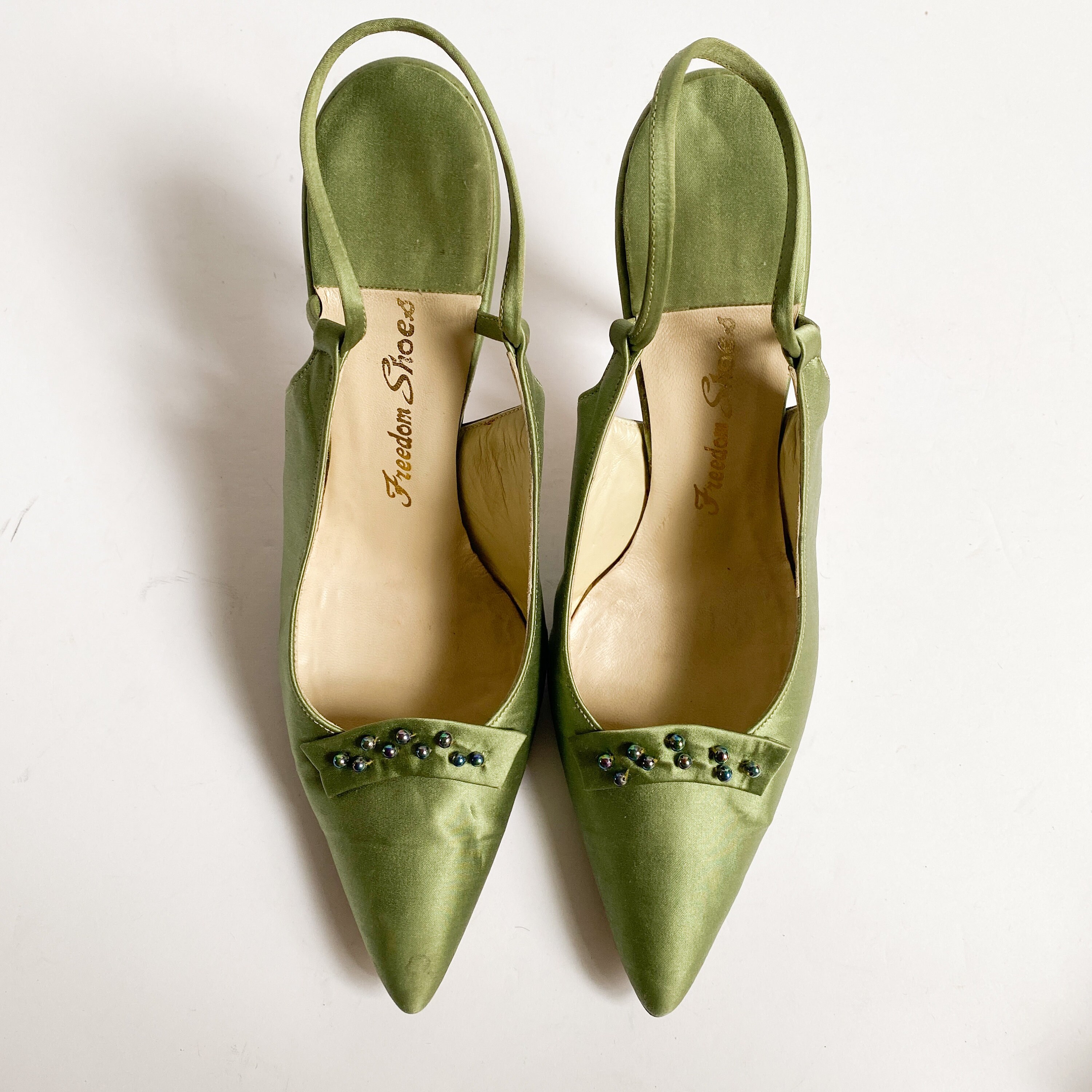 Vintage 1960s Freedom Shoes Green Silk Satin Beaded Slingback Stiletto ...