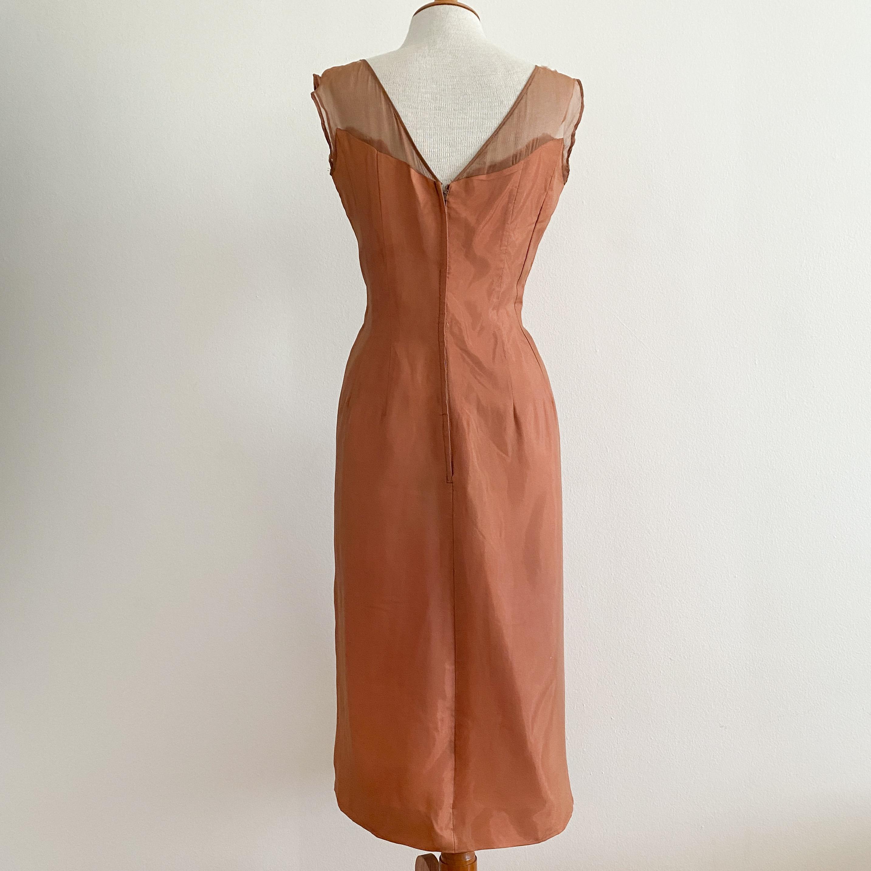 Vintage 1960s Copper Silk Chiffon Illusion Wiggle Dress Pleated Draped ...