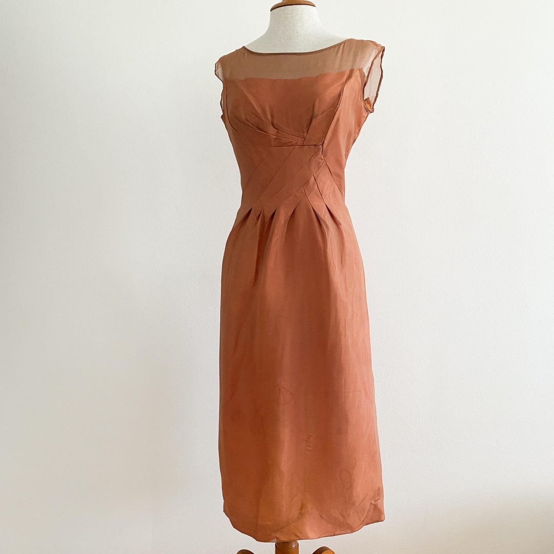 Vintage 1960s Copper Silk Chiffon Illusion Wiggle Dress Pleated Draped ...