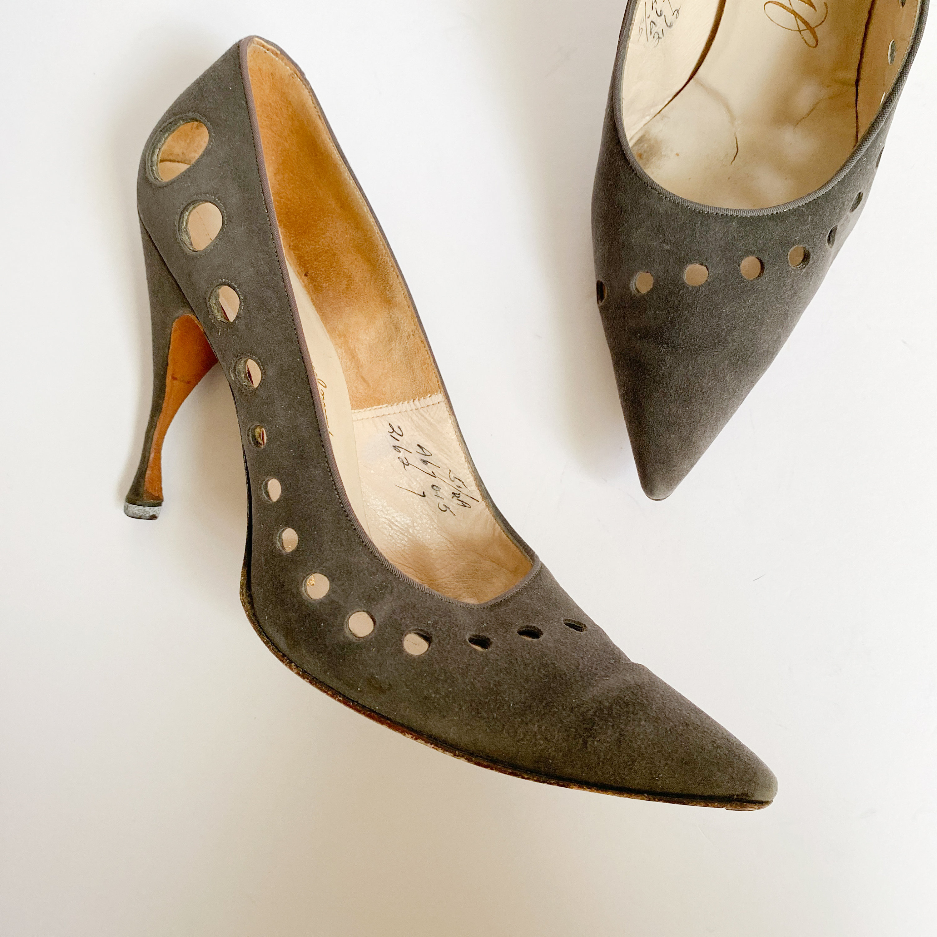 Vintage 1960s Andrew Geller JW Robinson Grey Suede Perforated Cutout ...