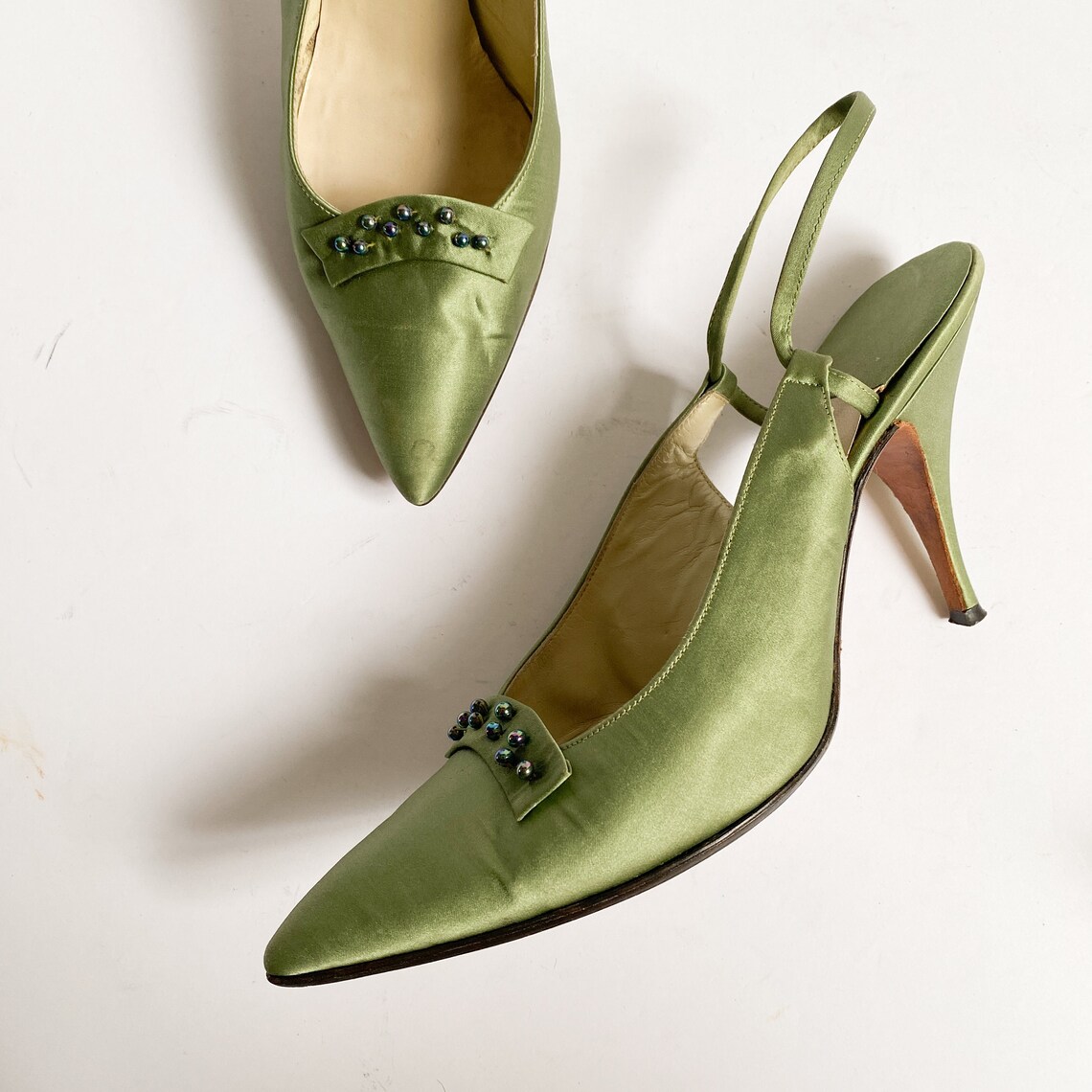Vintage 1960s Freedom Shoes Green Silk Satin Beaded Slingback Stiletto ...