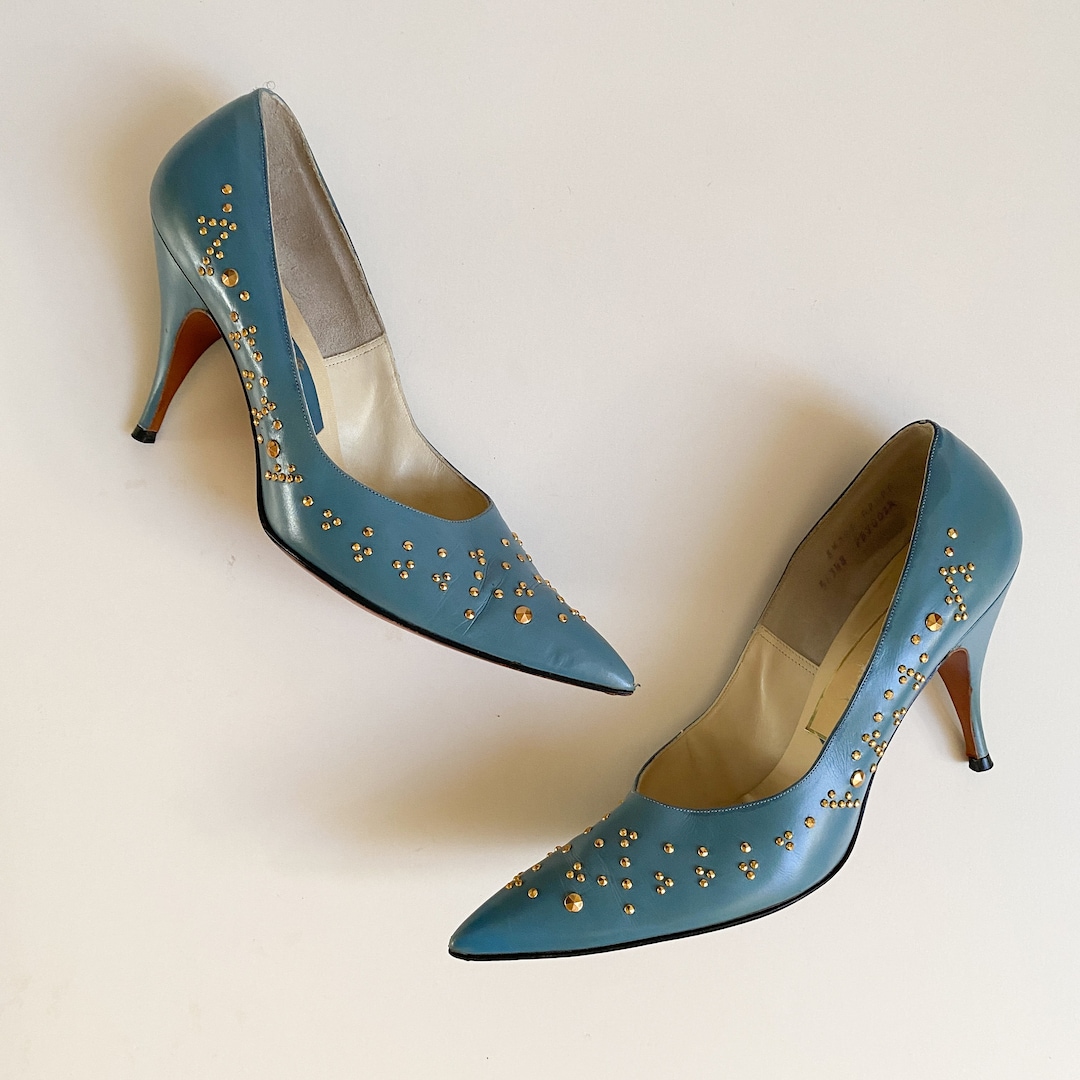 Vintage 1960s Blue Gold Studded Stiletto Heels Pumps - Etsy