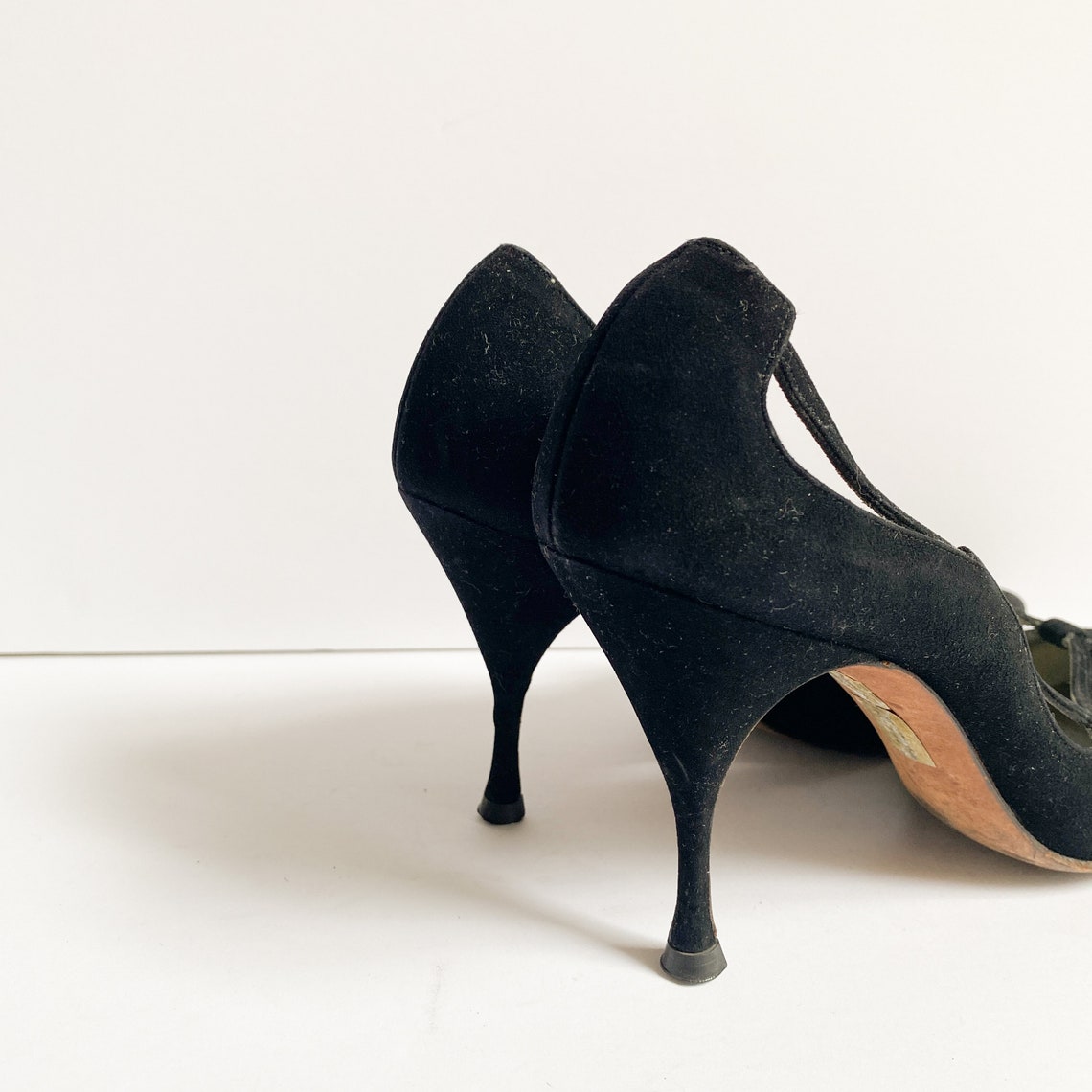 Vintage 1960s De Angelo Black Suede Cut Out Strappy Stiletto Heels ...