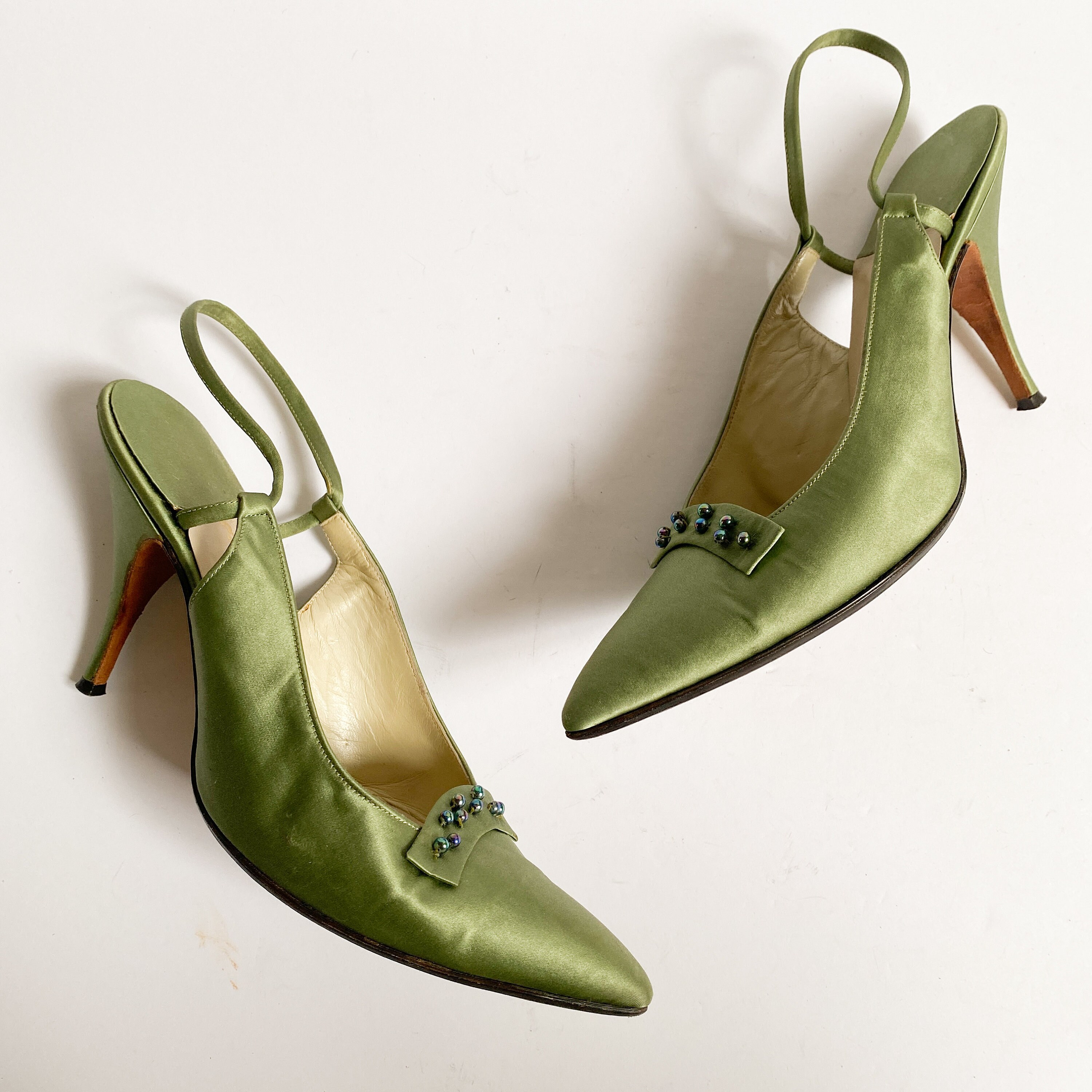 Vintage 1960s Freedom Shoes Green Silk Satin Beaded Slingback Stiletto ...