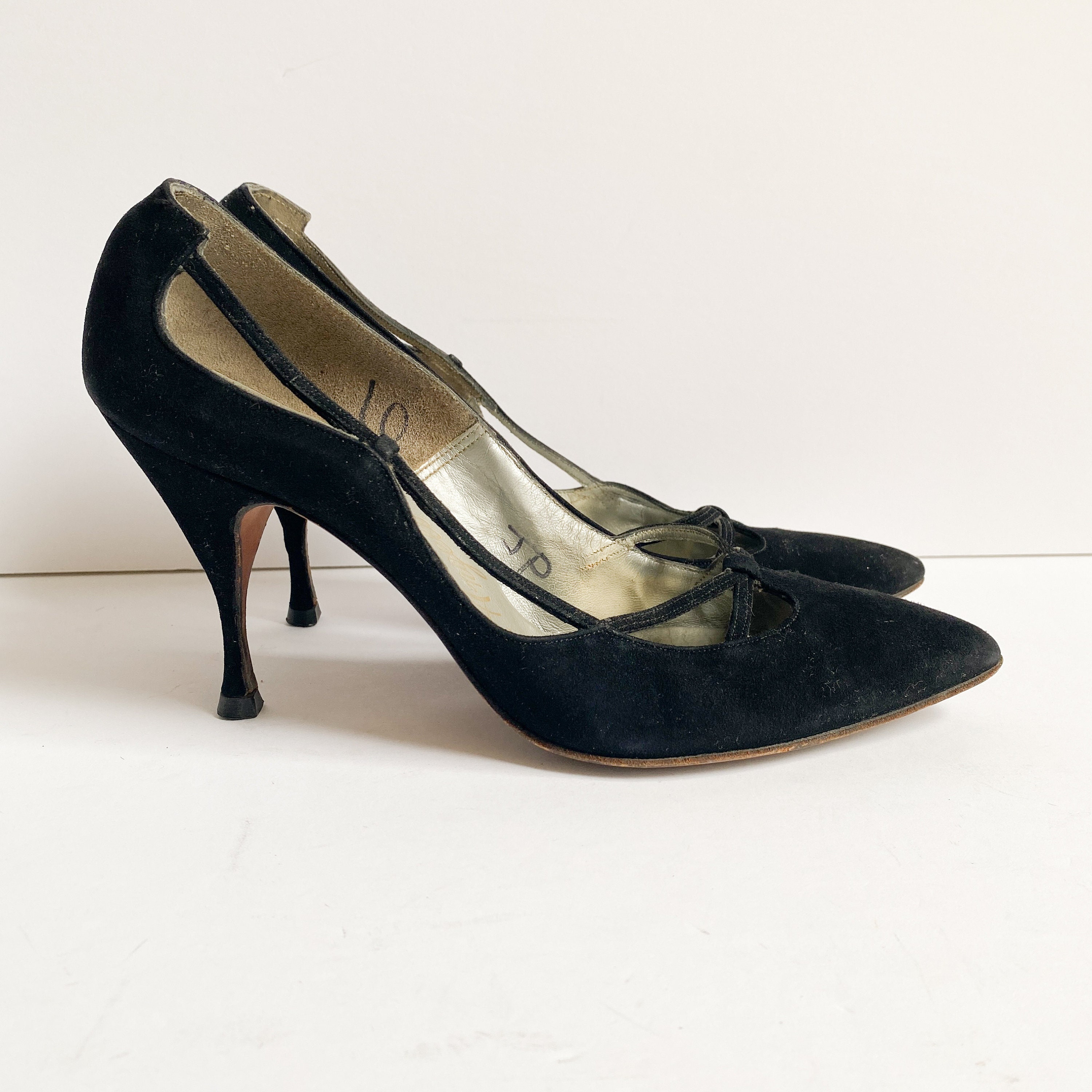 Vintage 1960s De Angelo Black Suede Cut Out Strappy Stiletto Heels ...