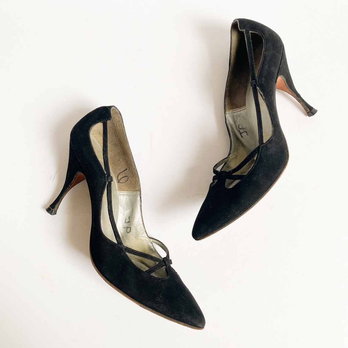Vintage 1960s De Angelo Black Suede Cut Out Strappy Stiletto Heels ...