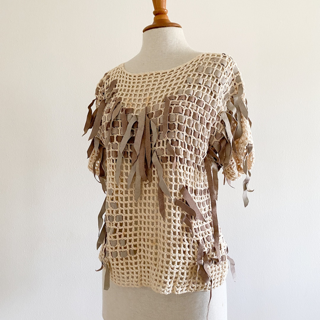 Vintage 1970s 1980s Crocheted Net Mesh Top Leather Woven Fringe - Etsy