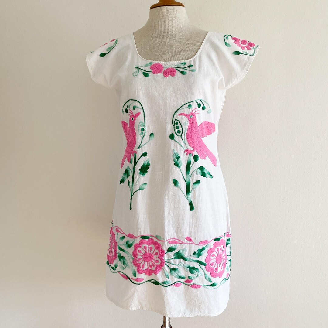 Vintage Hand Embroidered Mexican Tunic Top Mini Dress Birds Flowers - Etsy