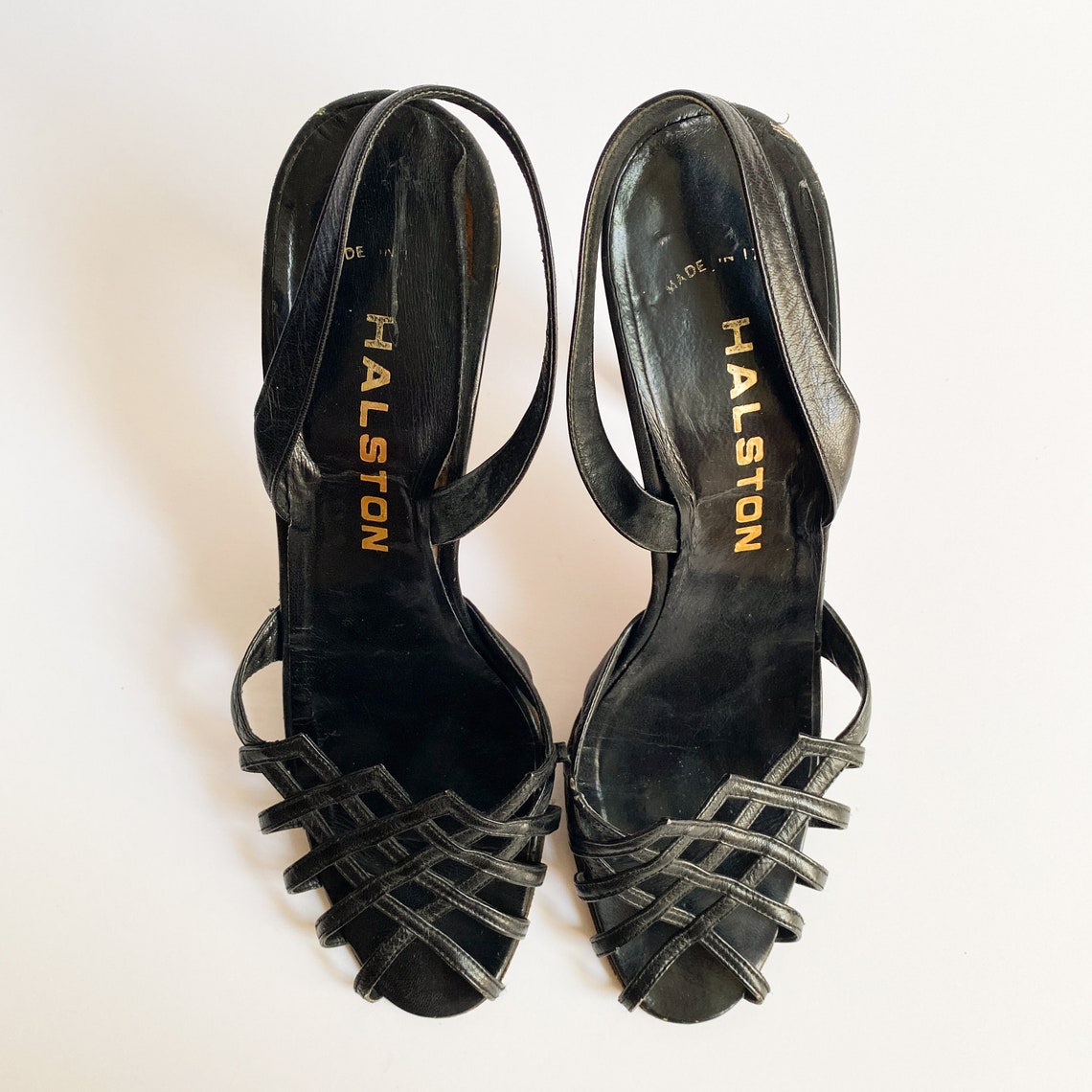 Vintage 1970s Halston Italy Black Leather Woven Cage Slingback Sandals ...