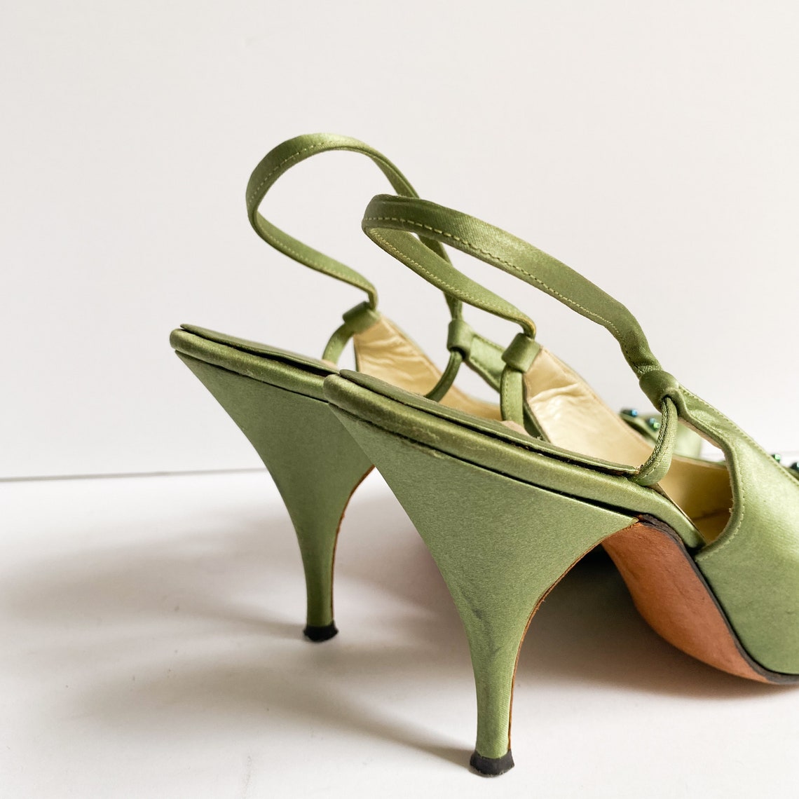 Vintage 1960s Freedom Shoes Green Silk Satin Beaded Slingback Stiletto ...