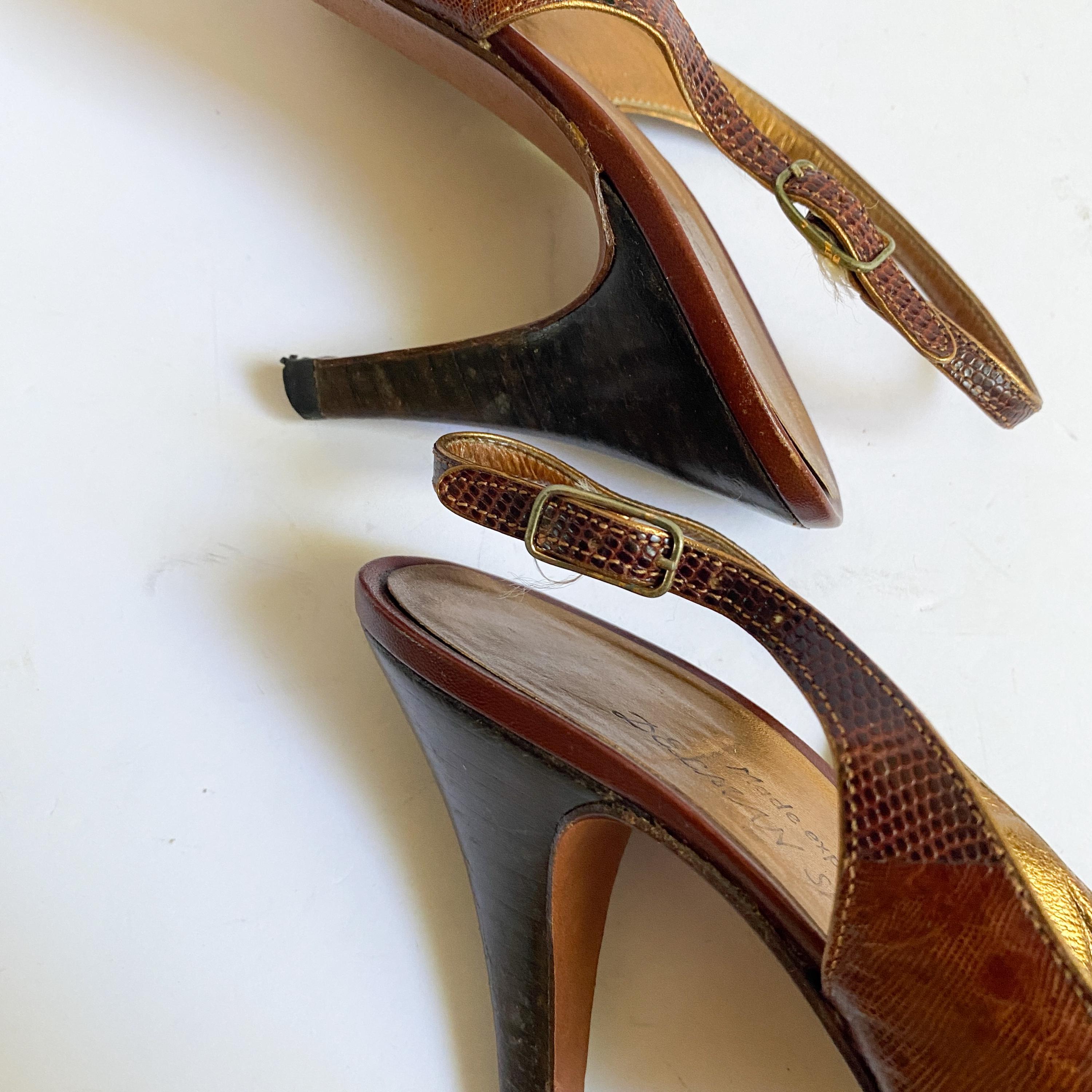 Vintage 1970s Delman Shoe Salon Italy Reptile Peep Toe Brown Slingback ...