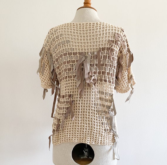 Vintage 1970s 1980s Crocheted Net Mesh Top Leather Wo… - Gem