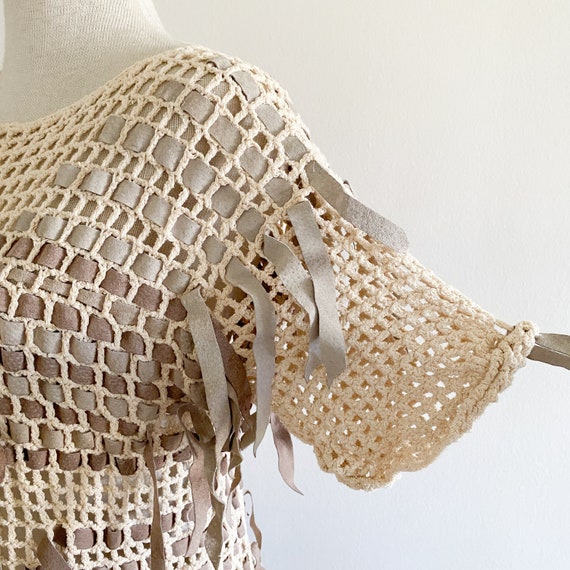Vintage 1970s 1980s Crocheted Net Mesh Top Leather Wo… - Gem