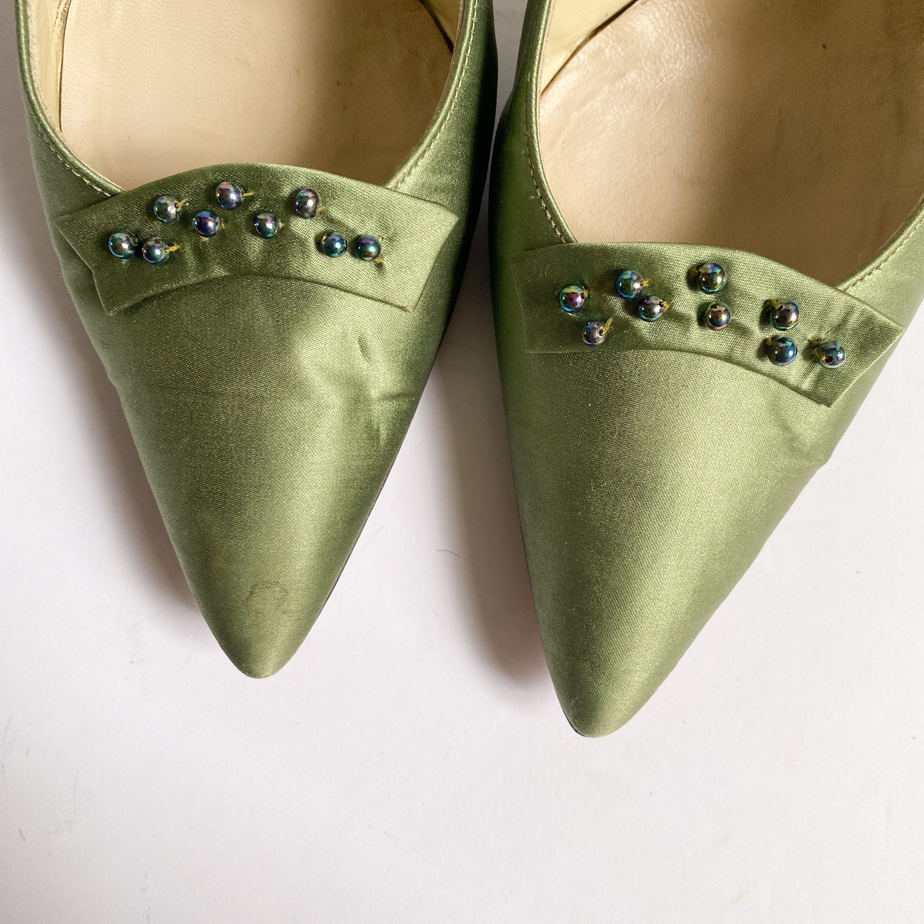 Vintage 1960s Freedom Shoes Green Silk Satin Beaded Slingback Stiletto ...