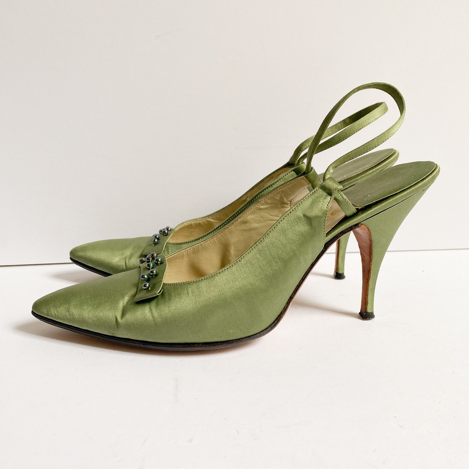 Vintage 1960s Freedom Shoes Green Silk Satin Beaded Slingback Stiletto ...
