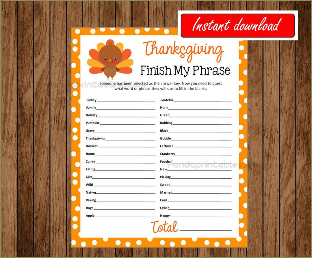 Thanksgiving Finish My Phrase, Printable Thanksgiving Party Game ...