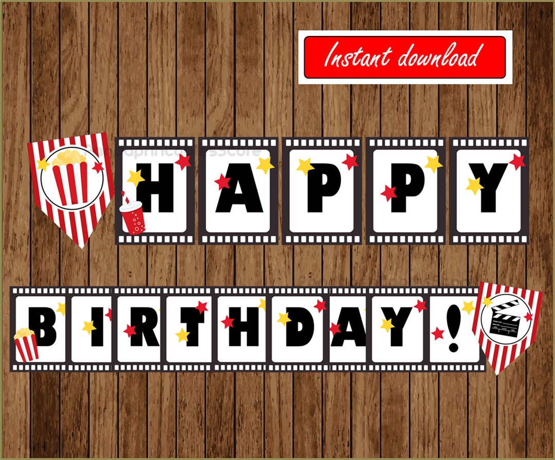 Movie Night Birthday Banner, Movie Night Happy Birthday Banner ...
