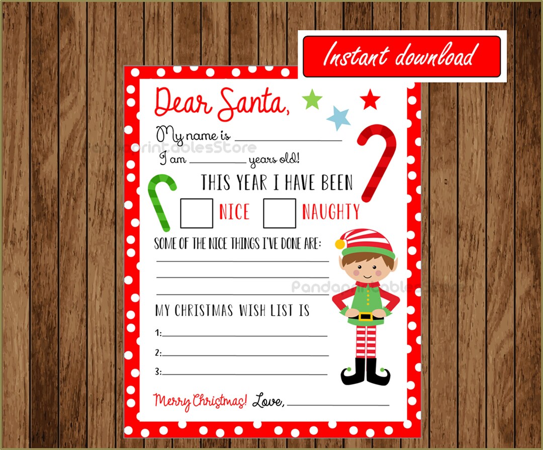Printable Letter to Santa, Dear Santa Letter, DIY Santa Letter, Digital ...