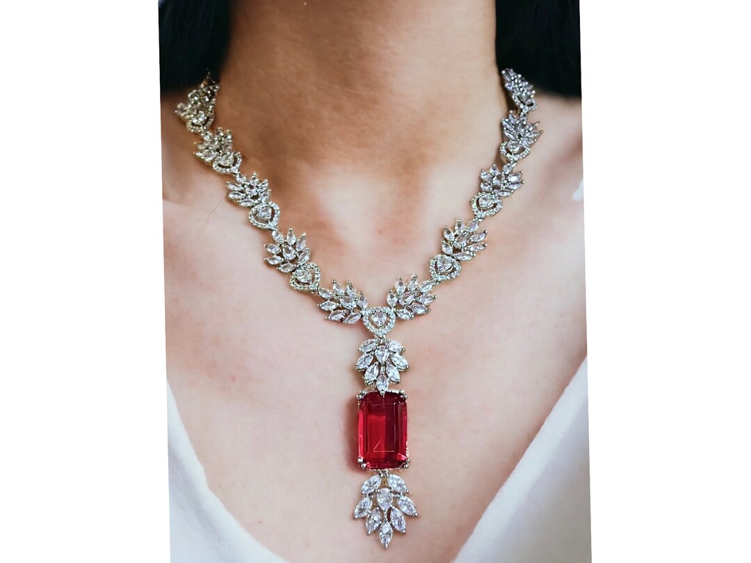 Emily Ruby Red CZ Diamond Pendant Necklace With Earrings Set - Etsy
