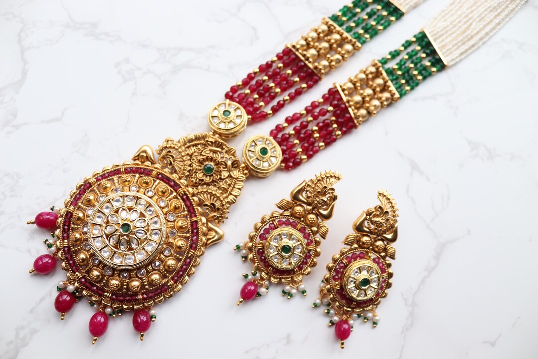 Indian Jewelry Ruby Green Necklace Rani Haar Indian Long Necklace ...