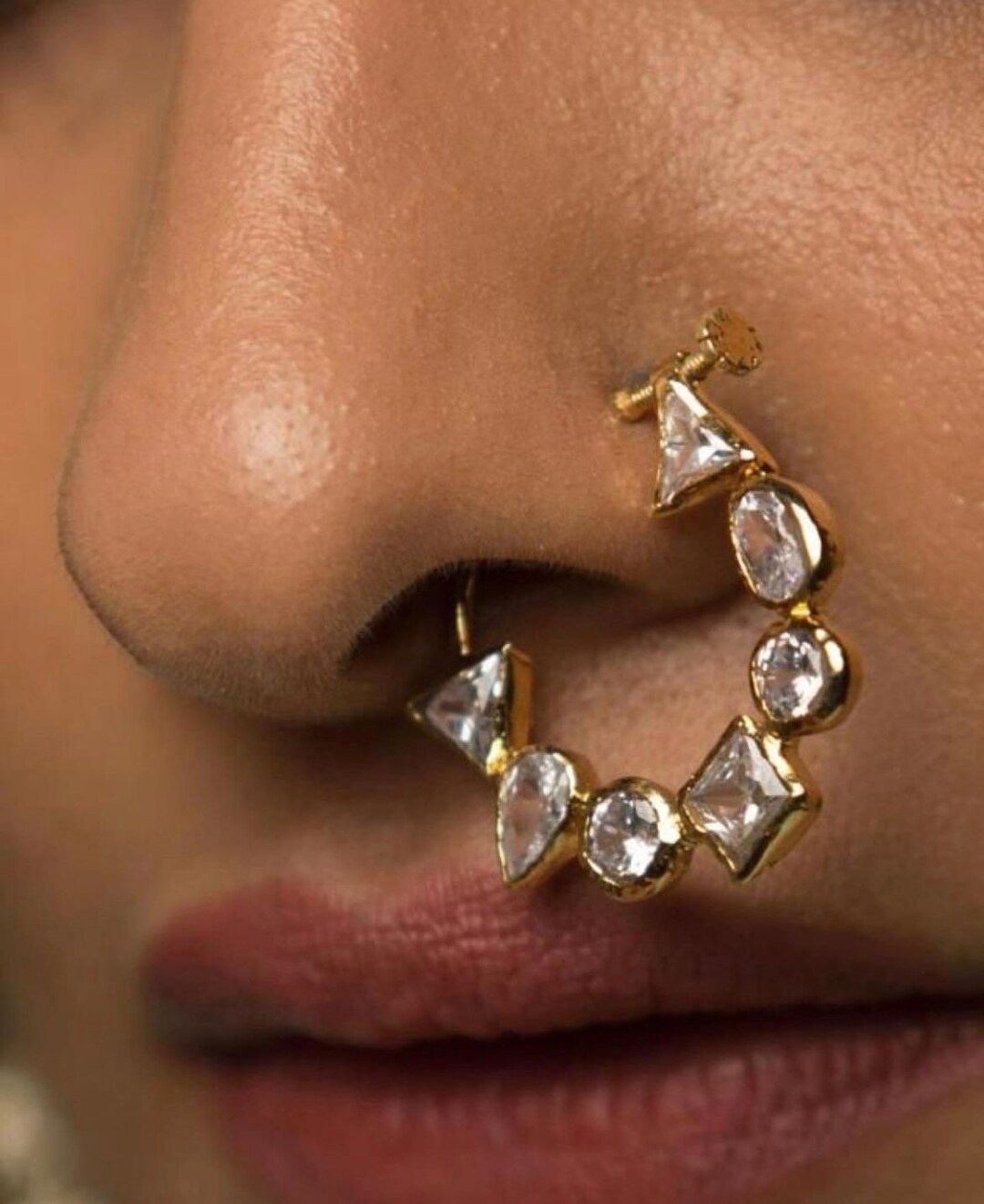 CZ Gold Nose Ring With Screw Lock for Left Side No Piercing Required ...