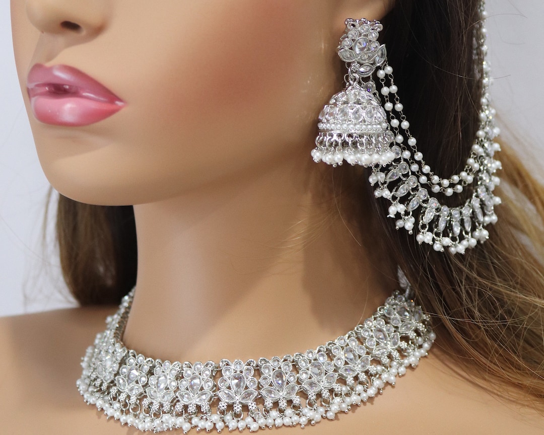 Jia Silver Polki Choker Necklace Set With Earchain Indian Jewelry ...