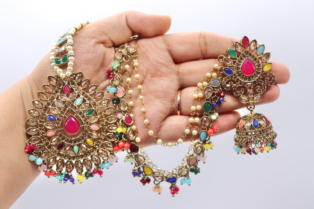 Navratan Bahubali Earrings Tikka Indian Jewelry Polki Earrings ...