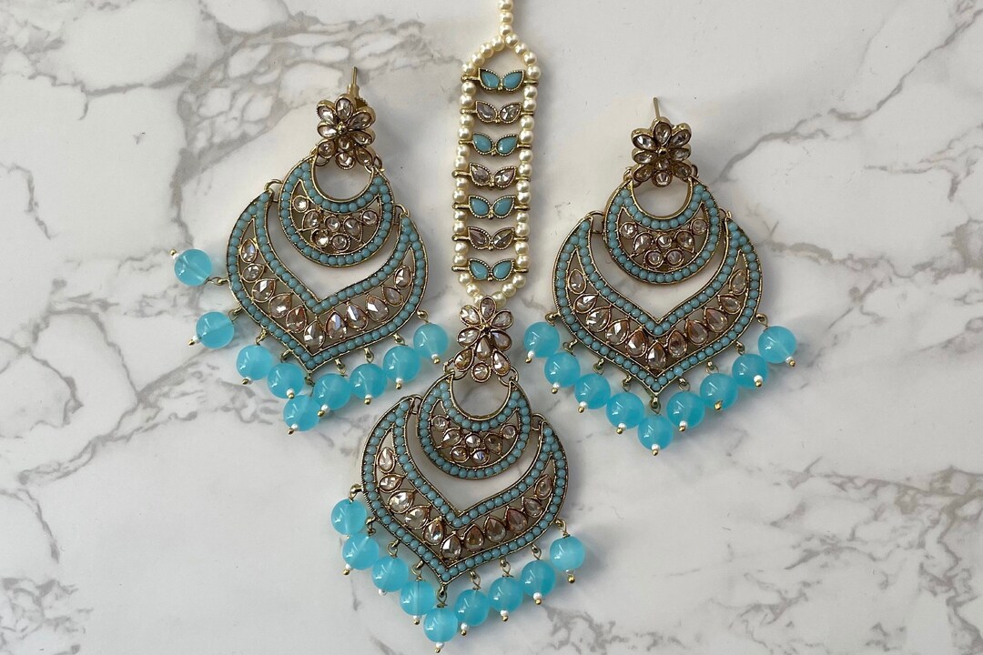 Aqua Polki Tikka Set Maang Tikka Set Earring Tikka Set - Etsy