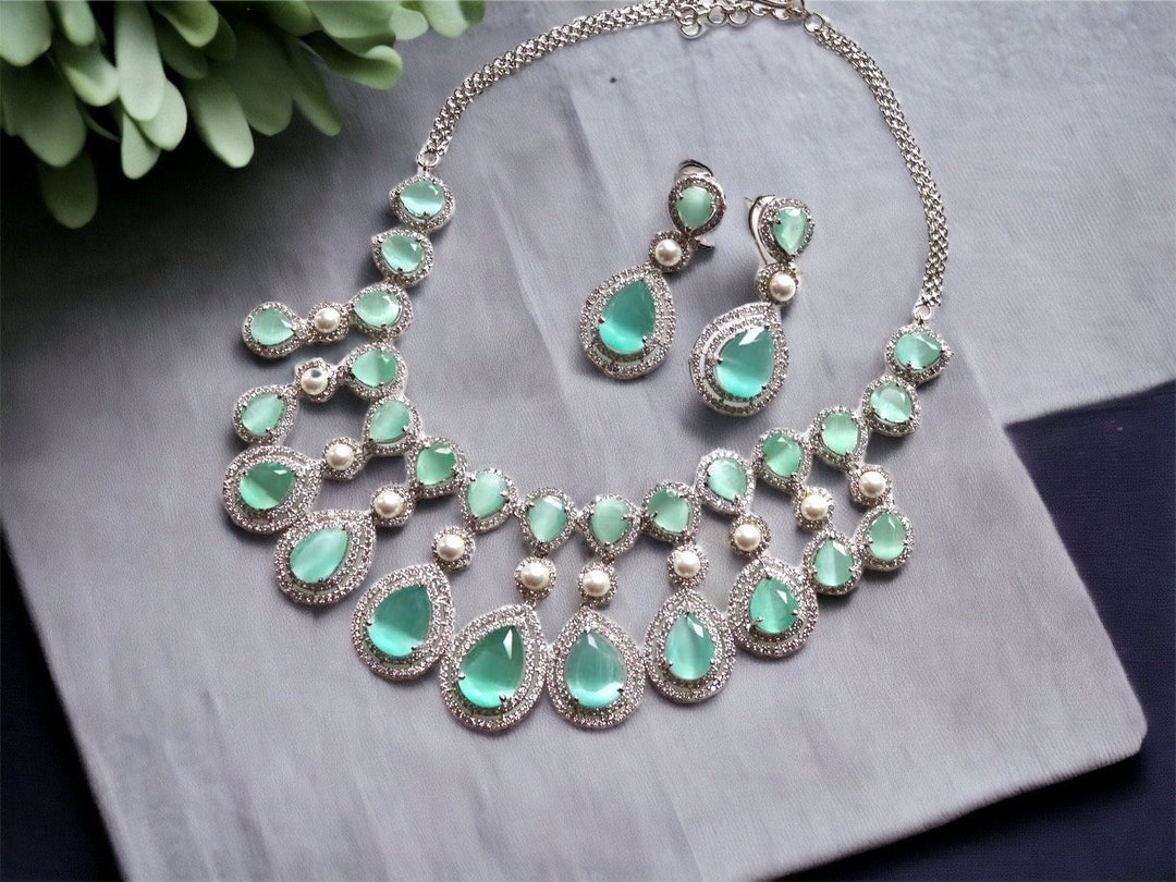 Nyra Mint CZ Pearl Necklace Set Indian Jewelry American Diamond Necklace Aqua CZ Necklace ...