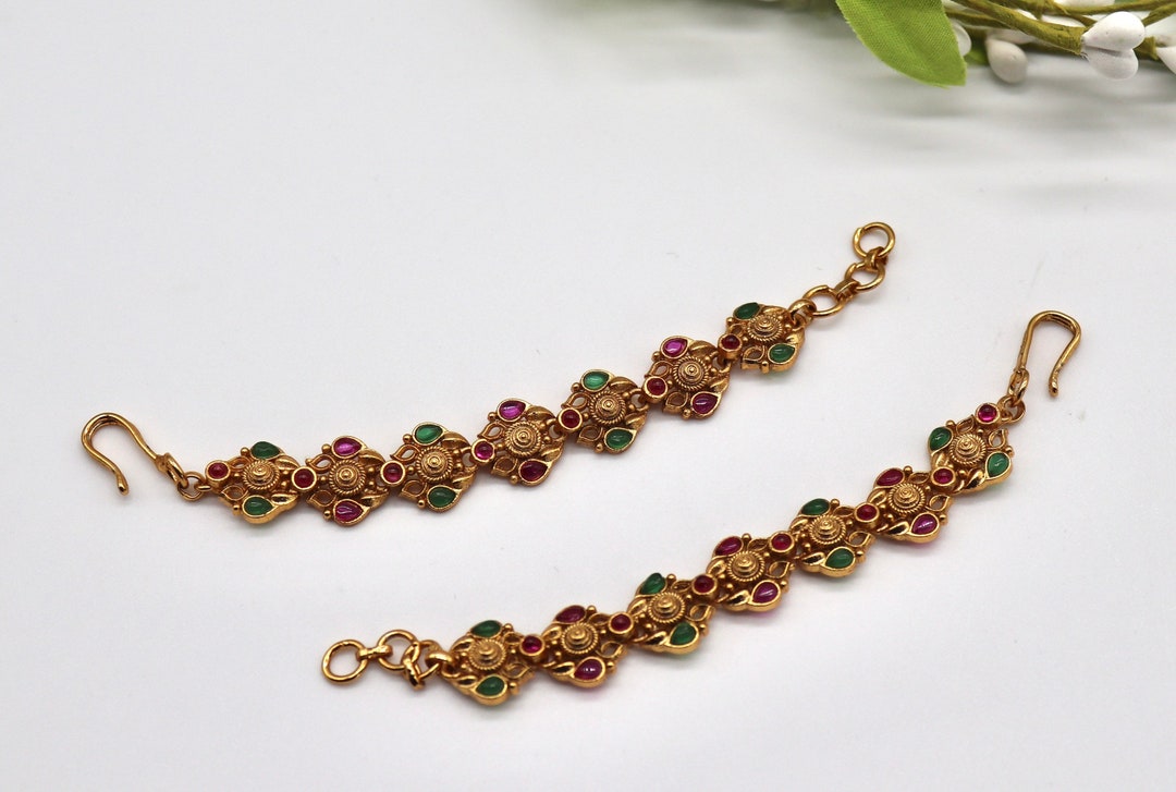 Matte Gold Ruby Green Ear Chain Pair / Indian Jewelry/ Indian Earrings/ Pakistani Jewelry ...
