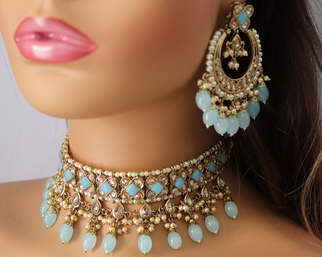 Ziva Turquoise Blue Polki Choker Set With Earrings Indian Jewelry ...